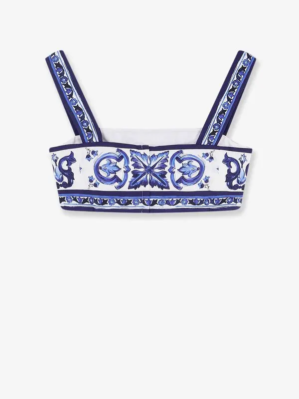 Dolce & Gabbana Cropped Cotton Top With Maiolica Print - Blue