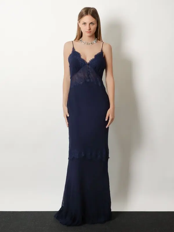 SELF-PORTRAIT Georgette Maxi Dress With Lace Inserts And Embroidered Ruffle Hem