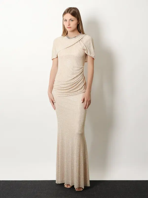 SELF-PORTRAIT Maxi Dress With Rhinestone Embellishment - Beige