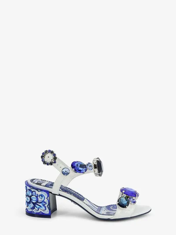 Dolce & Gabbana Patent Leather Maolica Print Embellished Sandals - Blue
