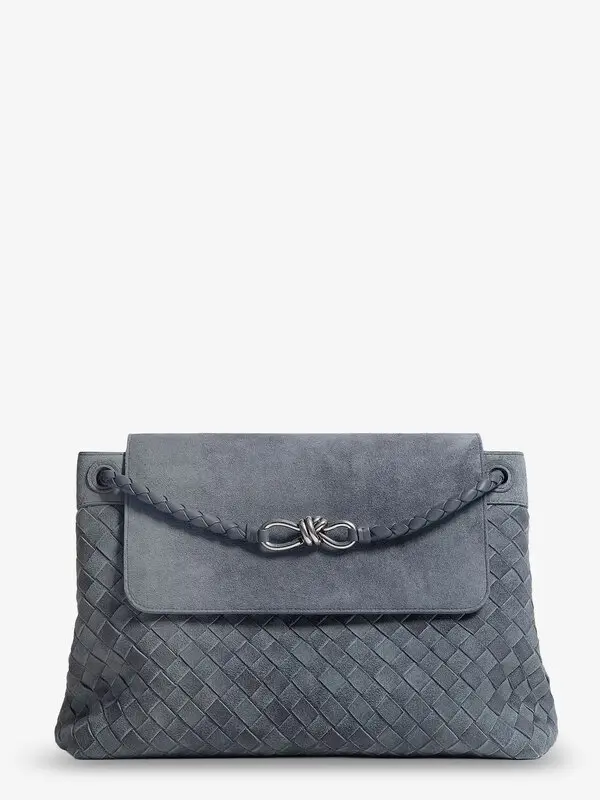 Bottega Veneta Andiamo Messenger Suede Shoulder Bag With Intrecciato Motif - Grey
