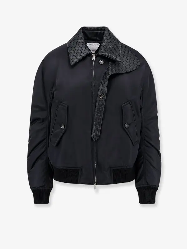 Bottega Veneta Nylon Bomber Jacket With Intrecciato Leather Collar