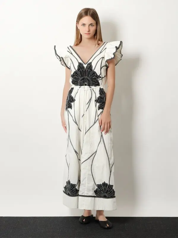 SCARLETT POPPIES Vittorio Cotton Long Dress With Floral Appliqués