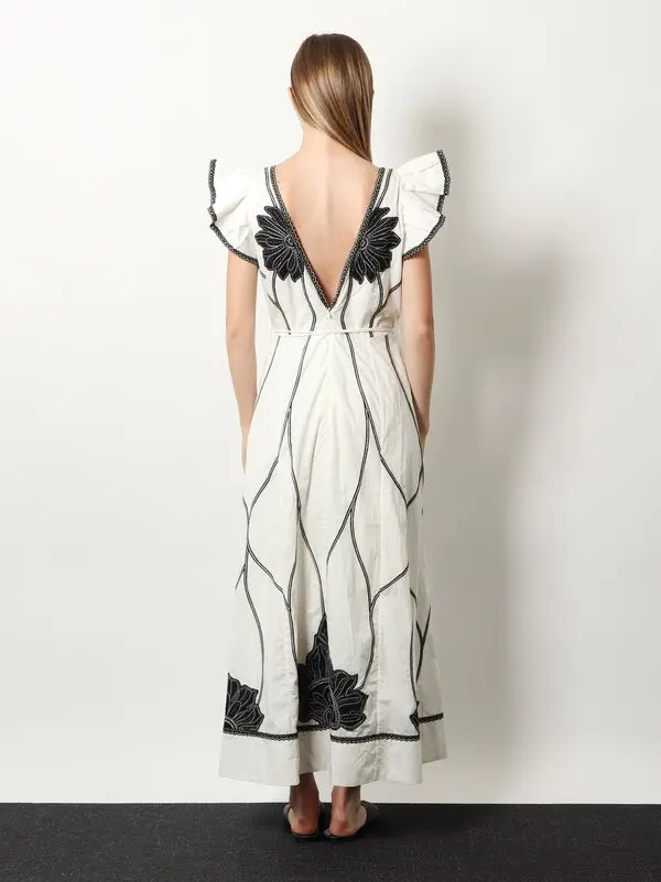SCARLETT POPPIES Vittorio Cotton Long Dress With Floral Appliqués