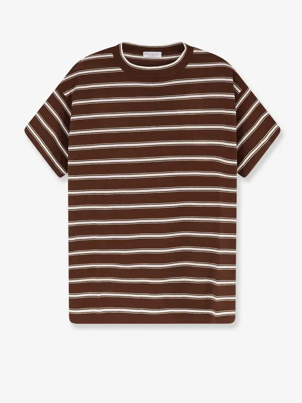 Brunello Cucinelli Virgin Wool And Cashmere Blend Striped T-shirt - Brown