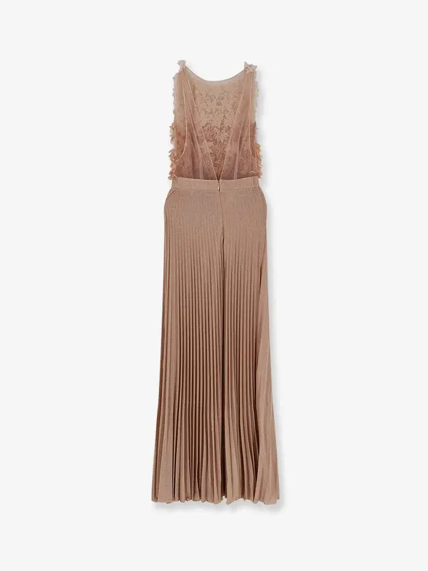Elisabetta Franchi Maxi Dress With Floral Appliqués And Pleated Skirt