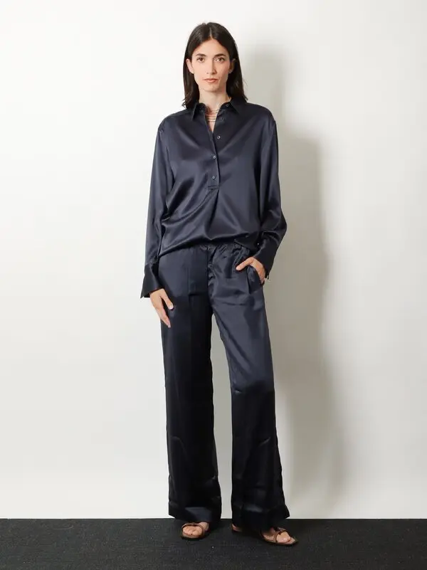 Brunello Cucinelli Silk Elastic Waist Wide Leg Trousers - Blue