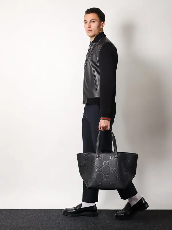 Gucci Leather And Wool Zip-up Jacket With Web Detail