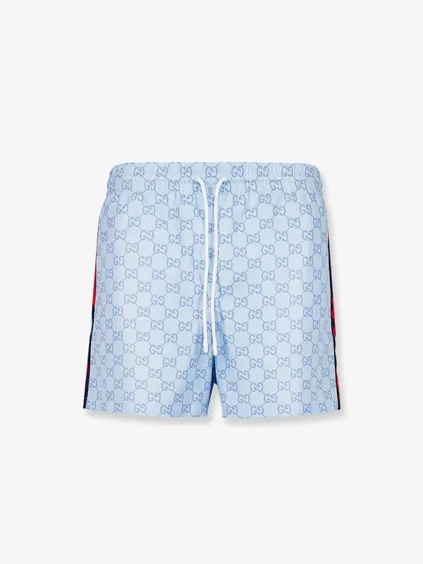 Gucci Gg Nylon Swim Trunks With Web Trim - Blue