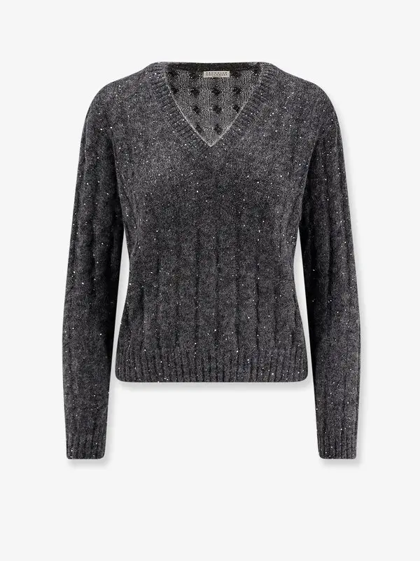 Brunello Cucinelli Allover Sequined V-neck Cable Knit Sweater - Grey