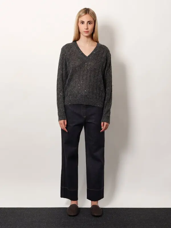 Brunello Cucinelli Allover Sequined V-neck Cable Knit Sweater - Grey