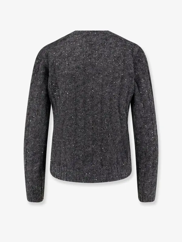 Brunello Cucinelli Allover Sequined V-neck Cable Knit Sweater - Grey