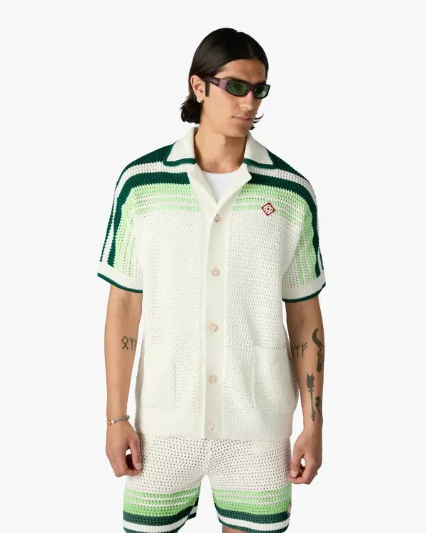 Casablanca White Tennis Stripe Crochet Short Sleeve Shirt - Green
