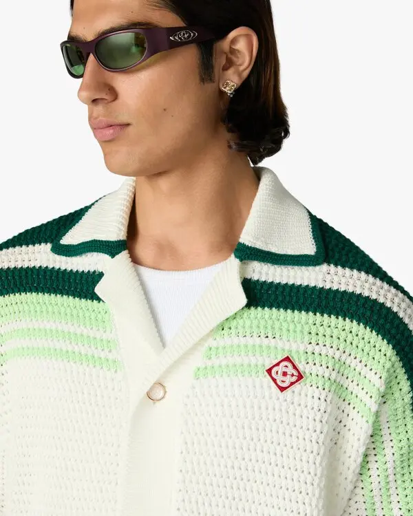 Casablanca White Tennis Stripe Crochet Short Sleeve Shirt - Green