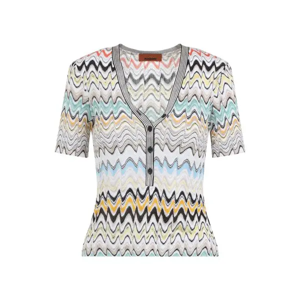 Missoni Short Sleeve V-neck Knit Top With Button Placket - Multicolor