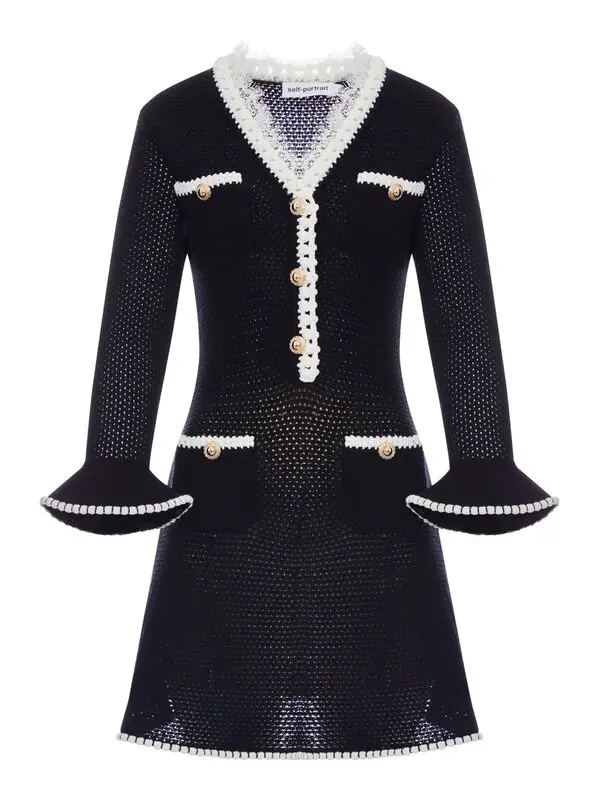 SELF-PORTRAIT Lace Trim Knit Mini Dress - Black