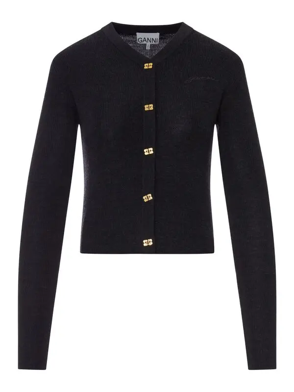 GANNI Wool V-neck Cardigan With Embroidered Logo - Multicolor