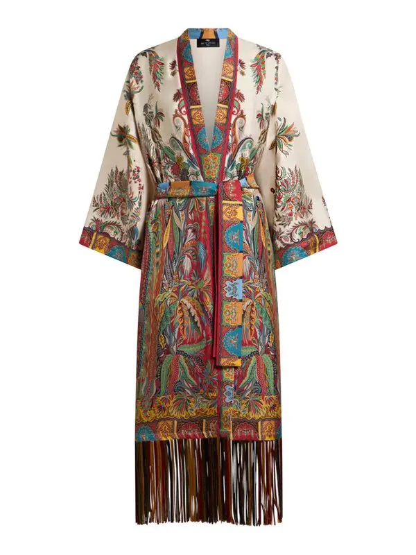 Etro Silk Duster Coat With Fringes And Paisley Foliage Print - Multicolor