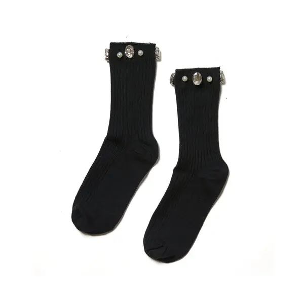 STEMS Crystal Embellished Ribbed Crew Socks - Black