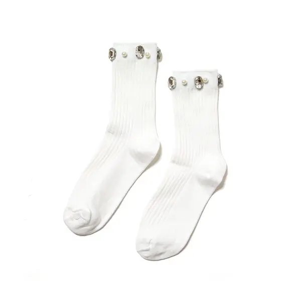 STEMS Crystal Embellished Ribbed Crew Socks - Ivory Cream