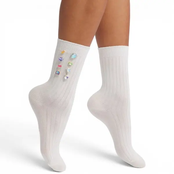 HIGH HEEL JUNGLE BY KATHRYN EISMAN Embellished Ribbed Socks - White