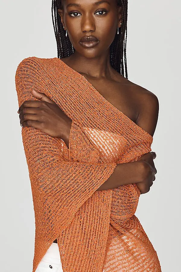 Anthropologie Lightweight Shimmer Knit Poncho - Rust Sparkle