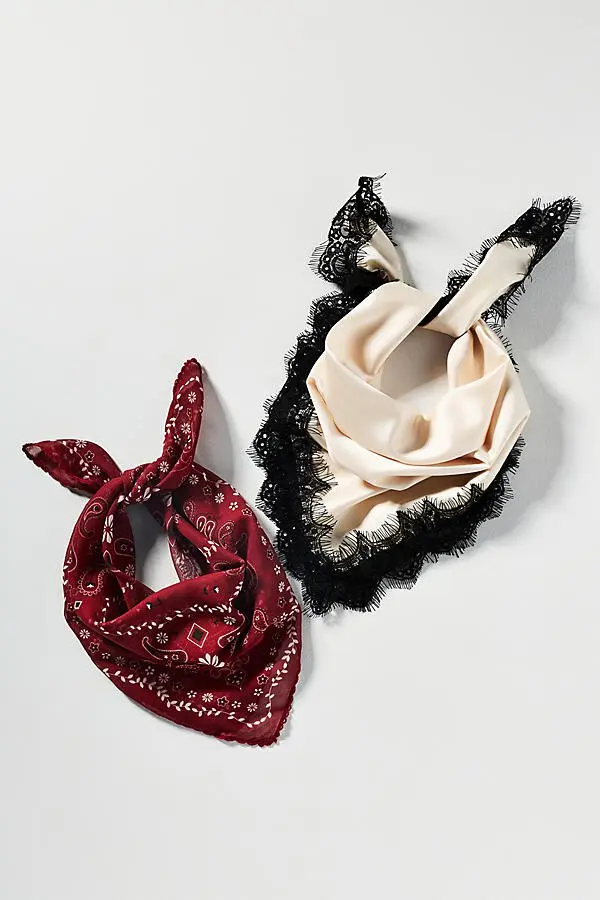Anthropologie Lace Bandana Hair Scarves, Set Of 2 - Red