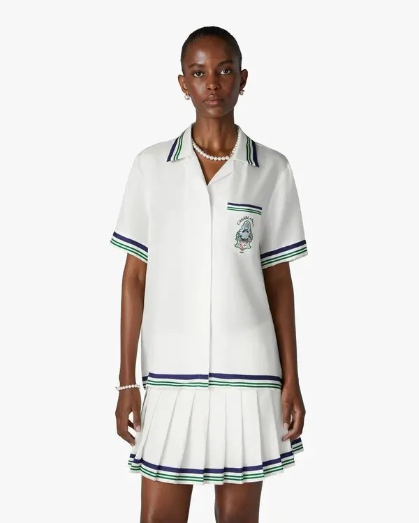 Casablanca White Hotel Emblem Short Sleeve Silk Shirt - Blue