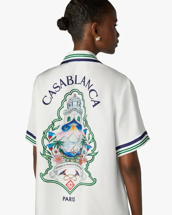 Casablanca White Hotel Emblem Short Sleeve Silk Shirt - Blue