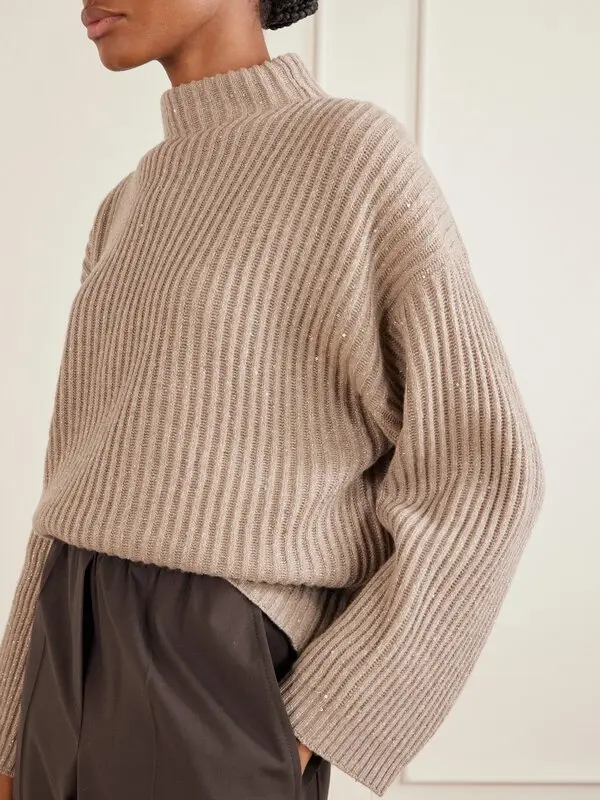 Brunello Cucinelli Sequin-trimmed Ribbed-knit Turtleneck Sweater
