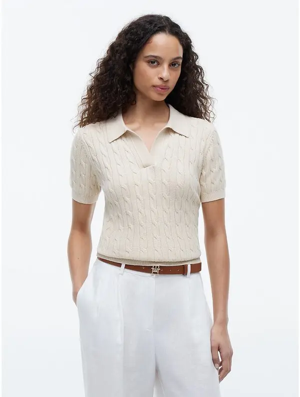 Tommy Hilfiger Short Sleeve Cable Knit Polo Sweater - Sugarcane