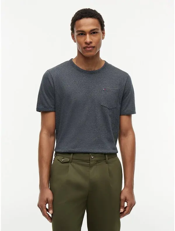 Tommy Hilfiger Striped Linen-blend Pocket T-shirt - Navy