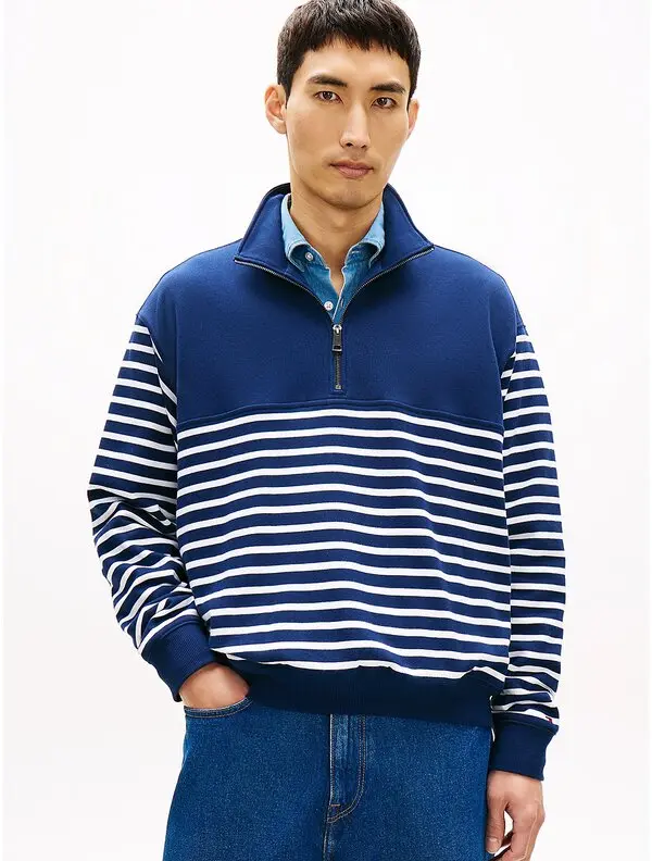 Tommy Hilfiger Striped Quarter-zip Sweatshirt - Light Navy