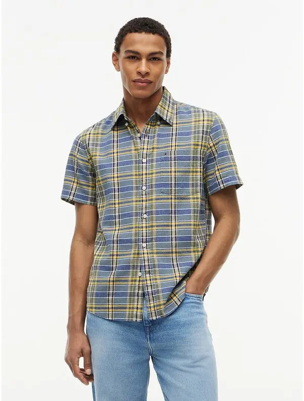 Tommy Hilfiger Regular Fit Plaid Linen-blend Shirt - Brisk Blue Multi