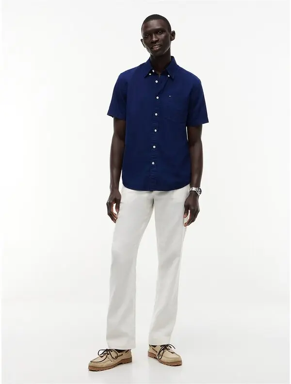 Tommy Hilfiger Regular Fit Short-sleeve Linen-blend Shirt - Navy