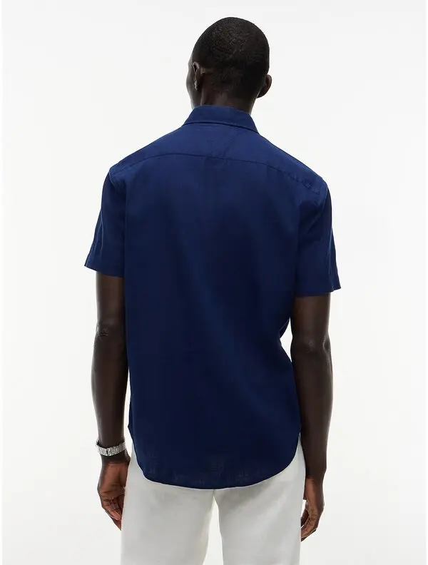 Tommy Hilfiger Regular Fit Short-sleeve Linen-blend Shirt - Navy