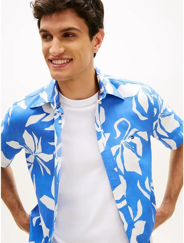 Tommy Hilfiger Tropical Print Cotton-linen Blend Shirt - Blue Spell/white