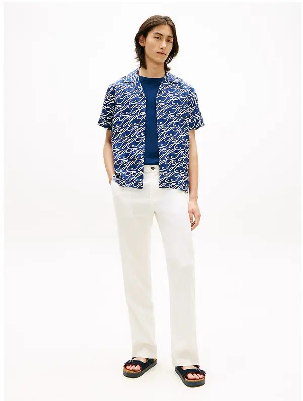 Tommy Hilfiger Allover Script Monogram Linen Camp Shirt - Navy