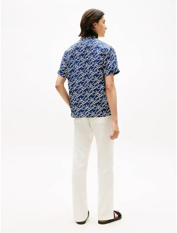 Tommy Hilfiger Allover Script Monogram Linen Camp Shirt - Navy