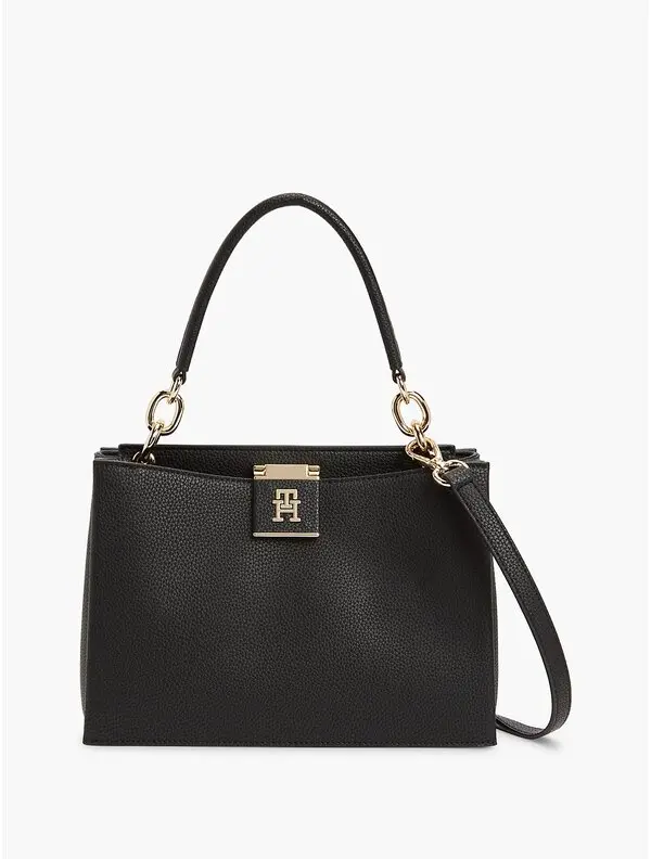 Tommy Hilfiger Monogram Clasp Medium Satchel Bag - Black