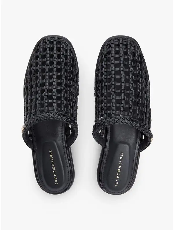 Tommy Hilfiger Woven Open Toe Flat Mules With Monogram Accent