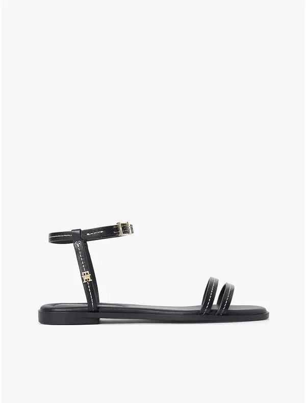 Tommy Hilfiger Flat Leather Sandals With Ankle Strap And Gold Tone Accents