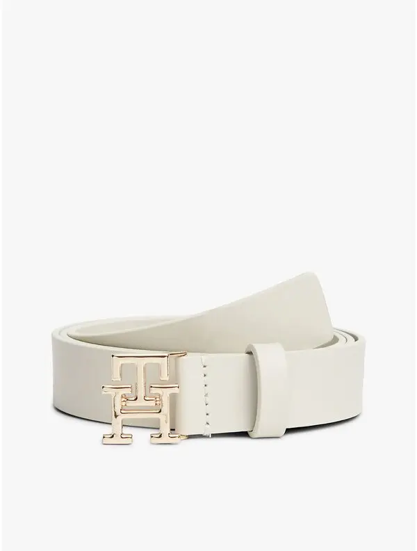 Tommy Hilfiger Monogram Buckle Leather Belt - Soft Cream