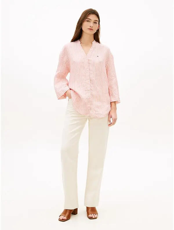 Tommy Hilfiger Collarless Linen Shirt - Fireworks