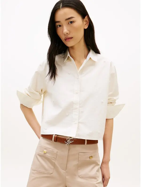 Tommy Hilfiger Embellished Cropped Poplin Shirt - Ecru