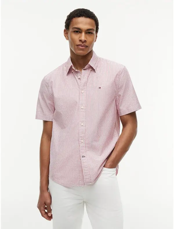 Tommy Hilfiger Short-sleeve Striped Oxford Shirt - Medium Red