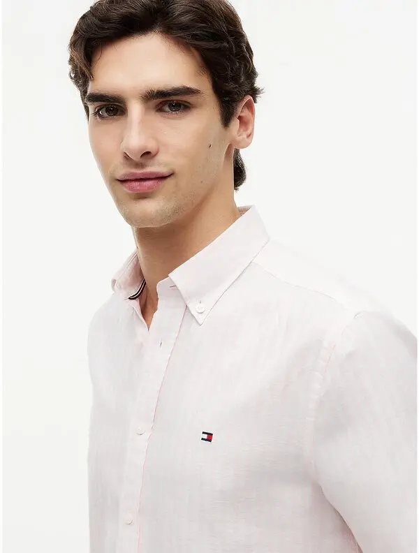 Tommy Hilfiger Regular Fit Striped Cotton-linen Shirt - Pink Lily/white Stripe