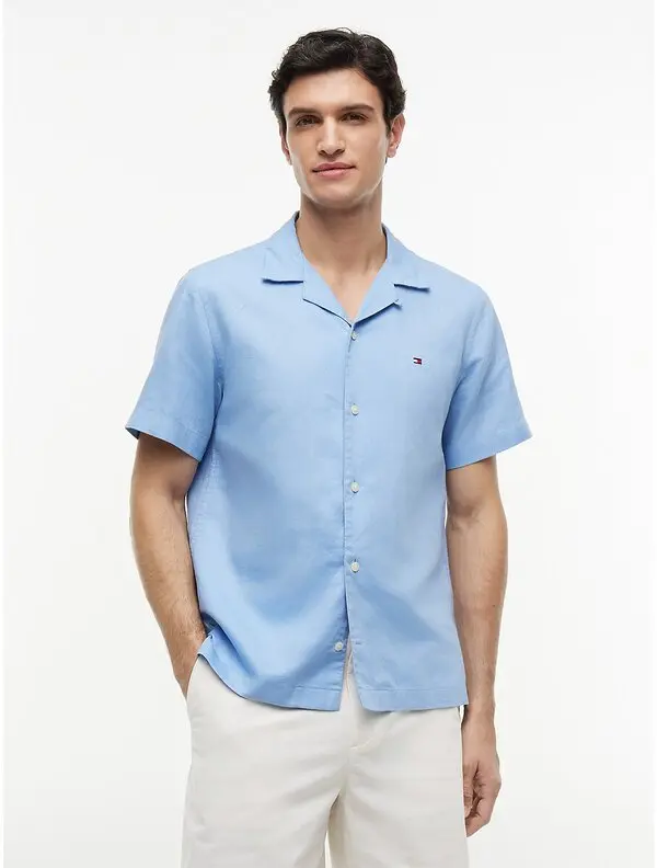 Tommy Hilfiger Regular Fit Cotton-linen Camp Shirt - Cloudy Blue