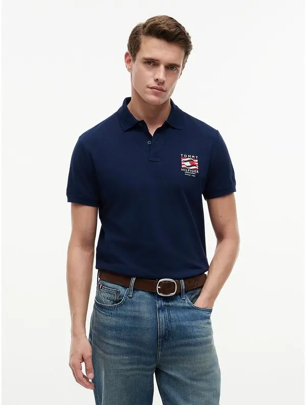 Tommy Hilfiger Regular Fit Wavy Flag Smooth Cotton Polo - Light Navy