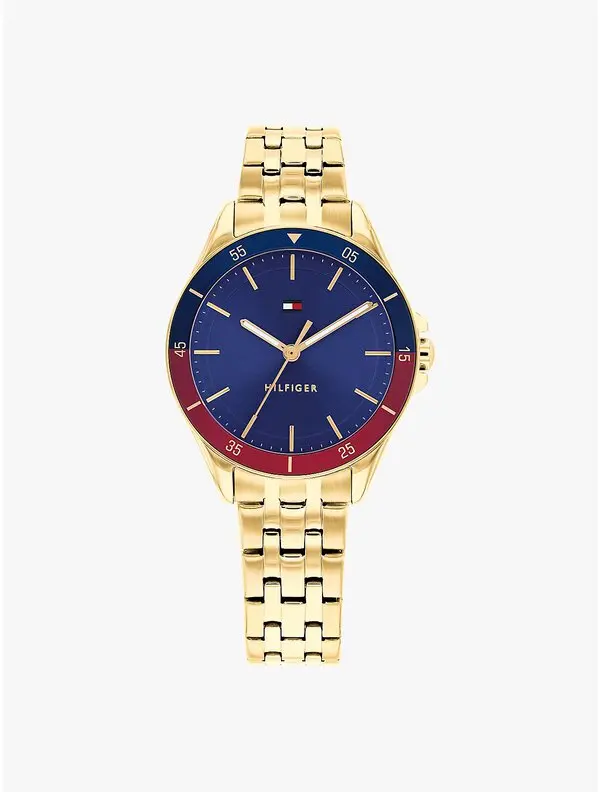 Tommy Hilfiger Gold Tone Stainless Steel Sport Watch With Blue And Red Bezel - Navy